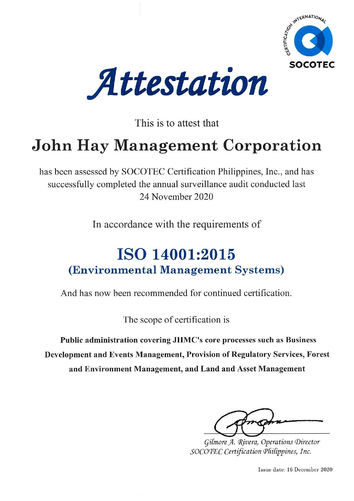 Continued Certification of ISO 14001:2015 | John Hay Management Corporation