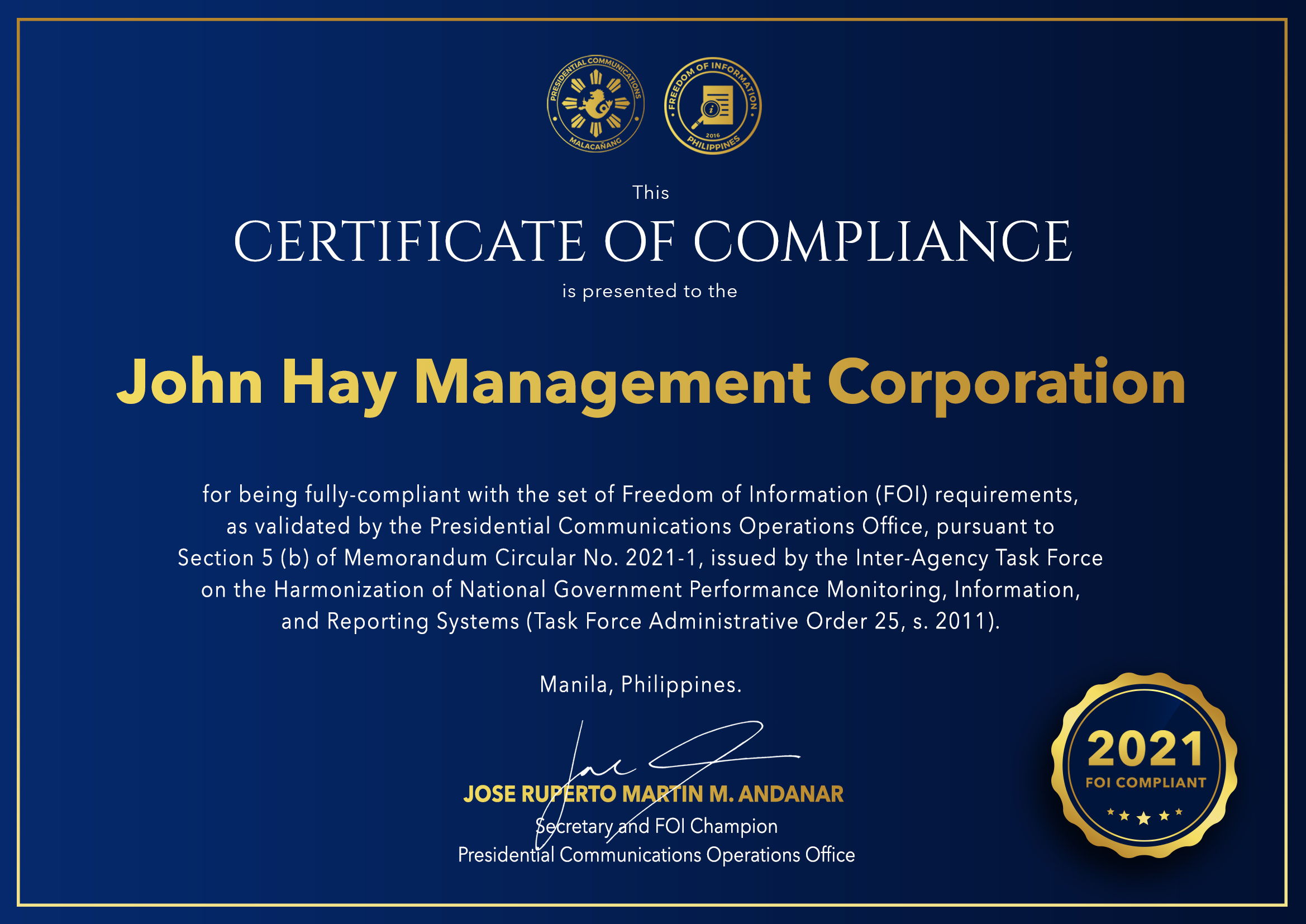 Transparency Seal | John Hay Management Corporation