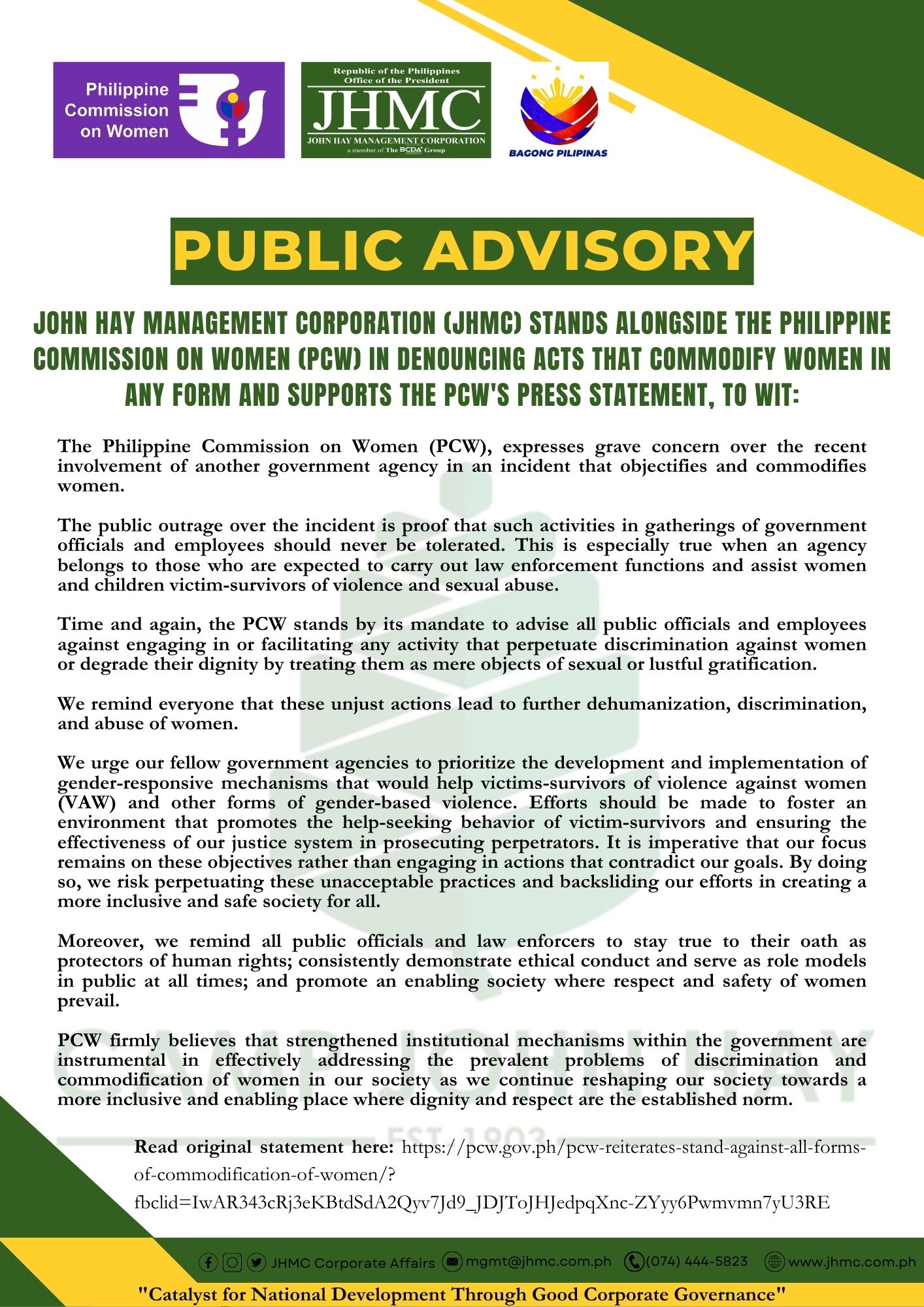 JOHN HAY MANAGEMENT CORPORATION (JHMC) STANDS ALONGSIDE THE PHILIPPINE COMMISSION ON WOMEN (PCW ...
