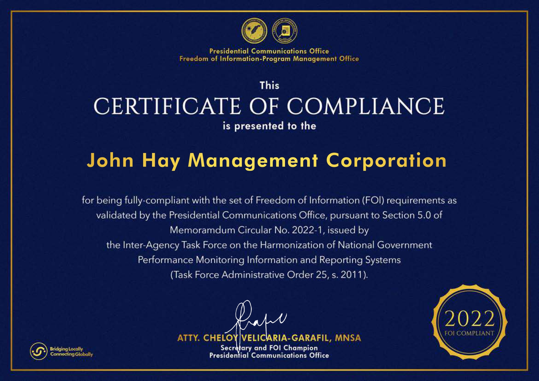 𝐉𝐇𝐌𝐂, 𝐂𝐨𝐧𝐬𝐢𝐬𝐭𝐞𝐧𝐭 𝐀𝐰𝐚𝐫𝐝𝐞𝐞 𝐨𝐟 𝐭𝐡𝐞 𝐅𝐎𝐈 𝐂𝐞𝐫𝐭𝐢𝐟𝐢𝐜𝐚𝐭𝐞 𝐨𝐟 𝐂𝐨𝐦𝐩𝐥𝐢𝐚𝐧𝐜𝐞 | John Hay Management Corporation